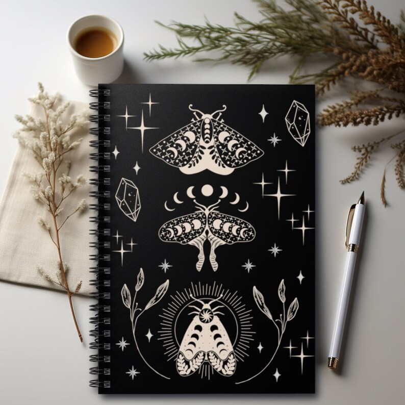 Fairycore Moth Moonphase Notebook, Crystal Points and Luna Moth Journal, Goth Planner - Etsy