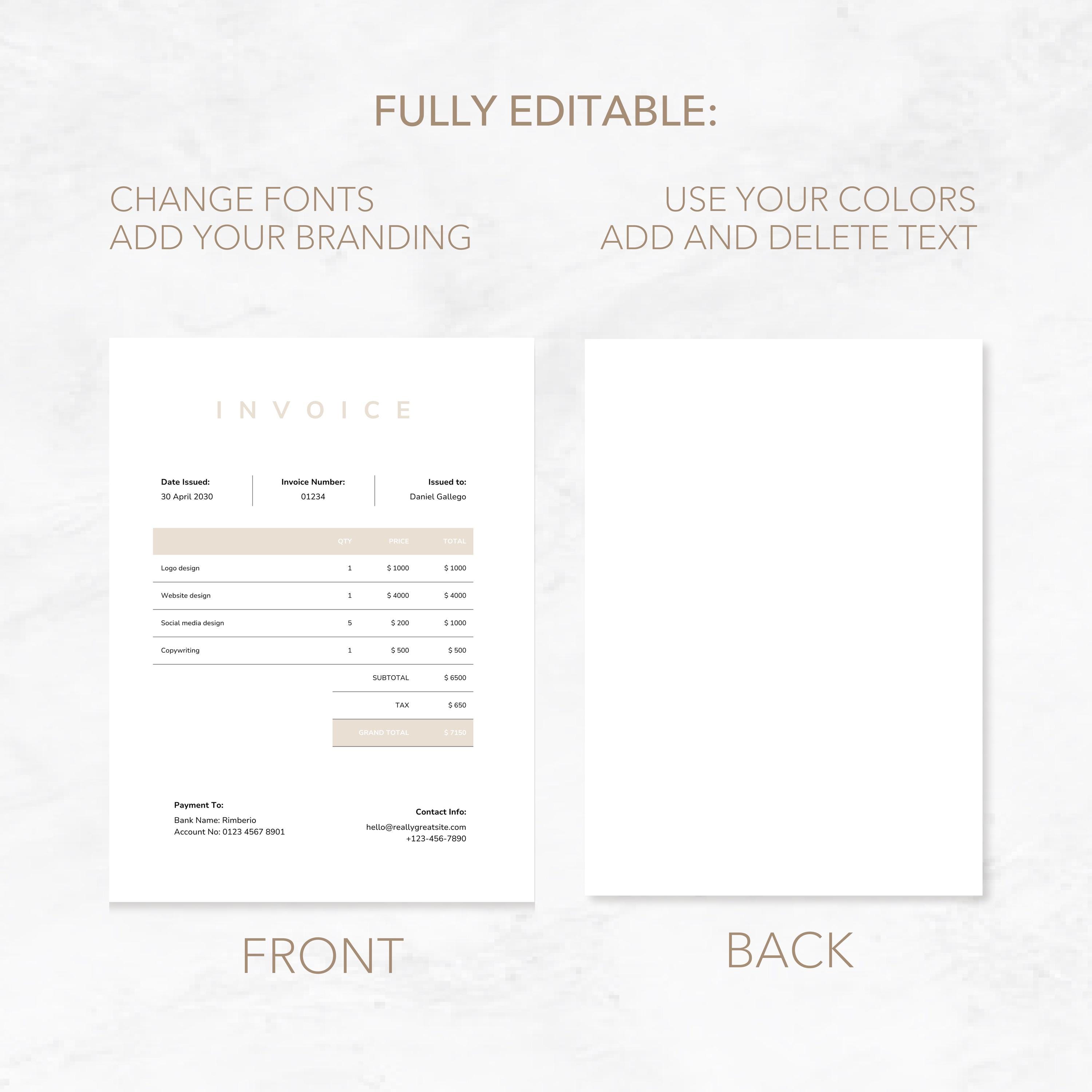 Invoice Template Minimal Printable for Small Business Editable Canva ...