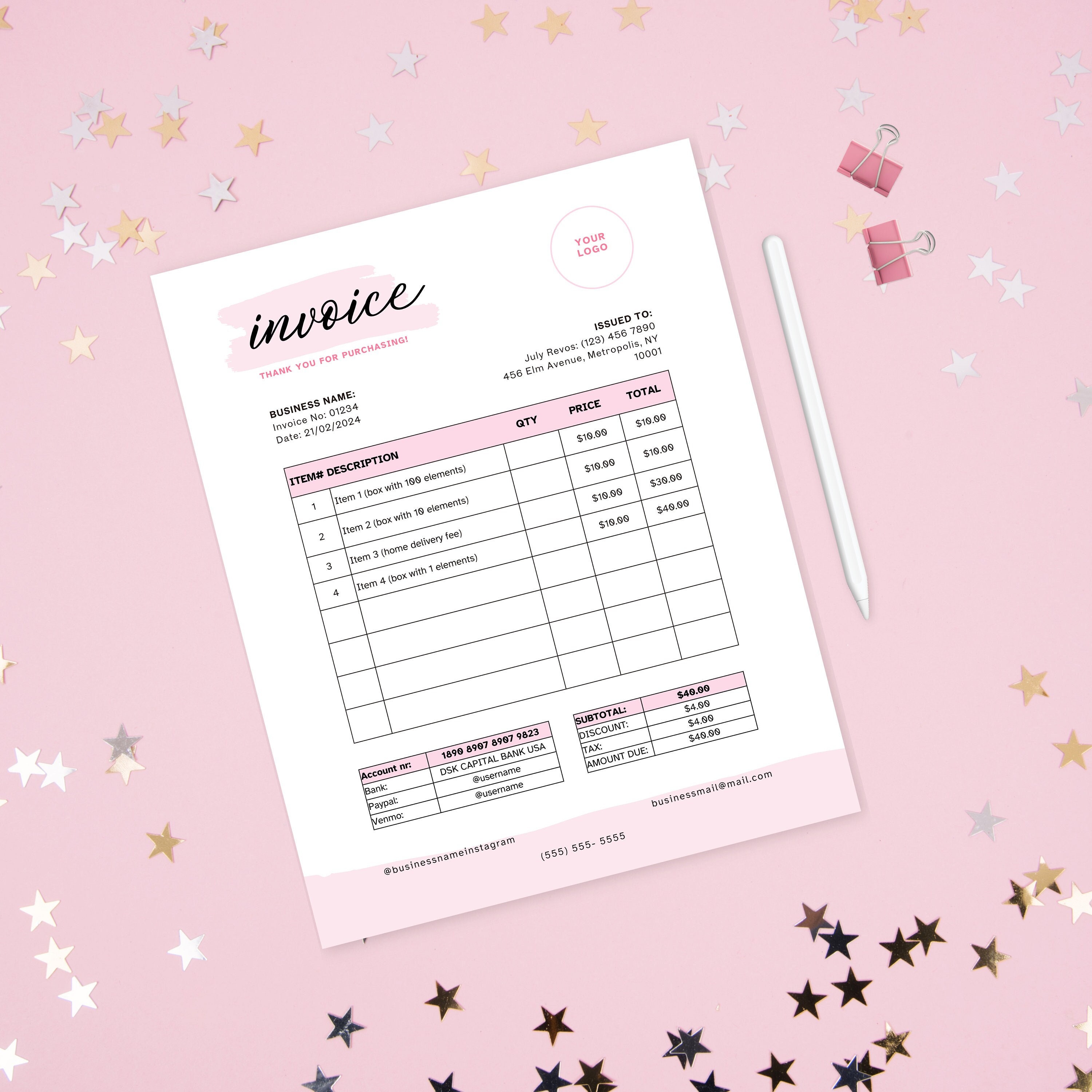 Invoice Template for Small Business Minimal Digital Download Client ...