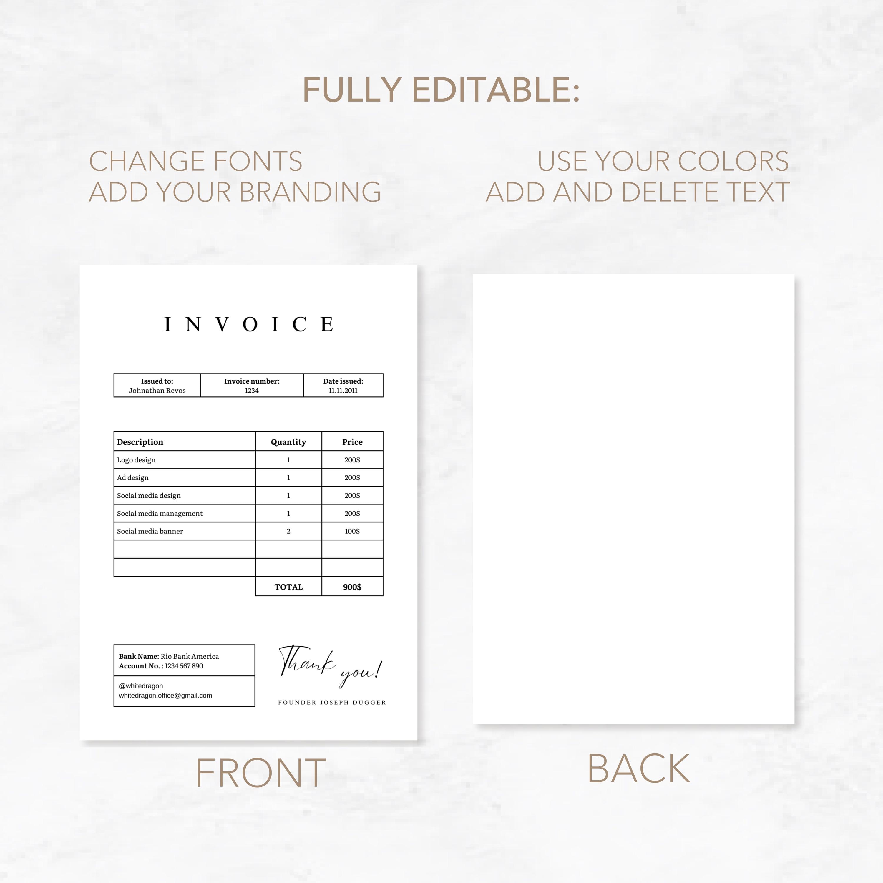 Invoice Template Minimal Printable for Small Business Editable Canva ...