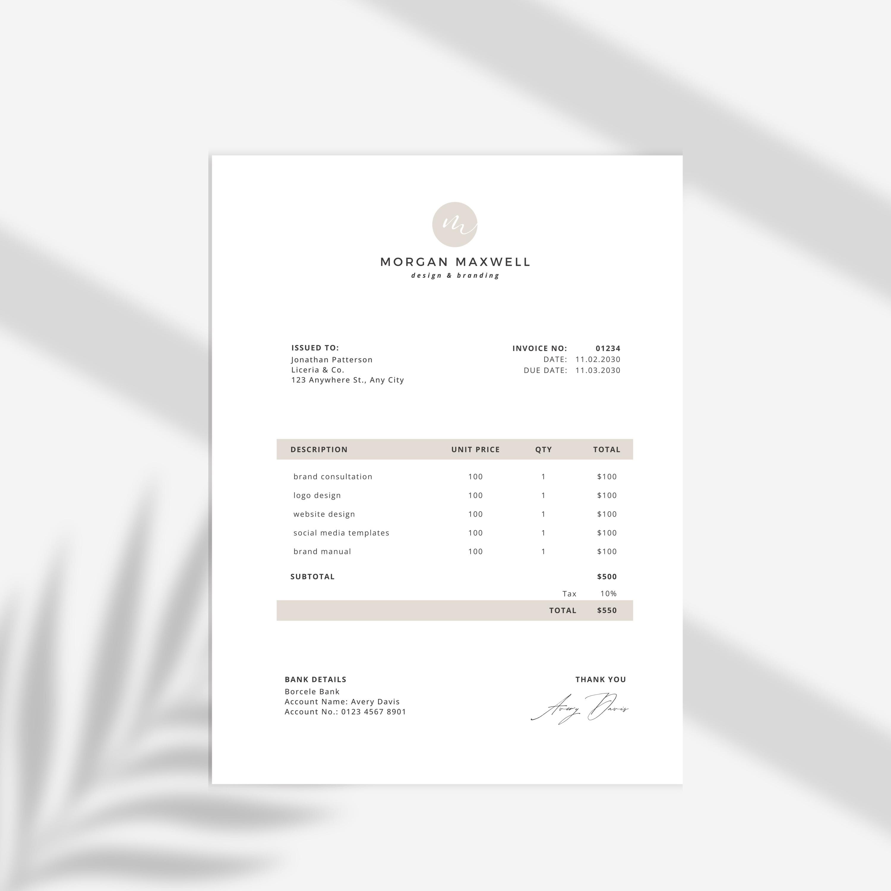 Invoice Template Minimal Printable for Small Business Editable Canva ...