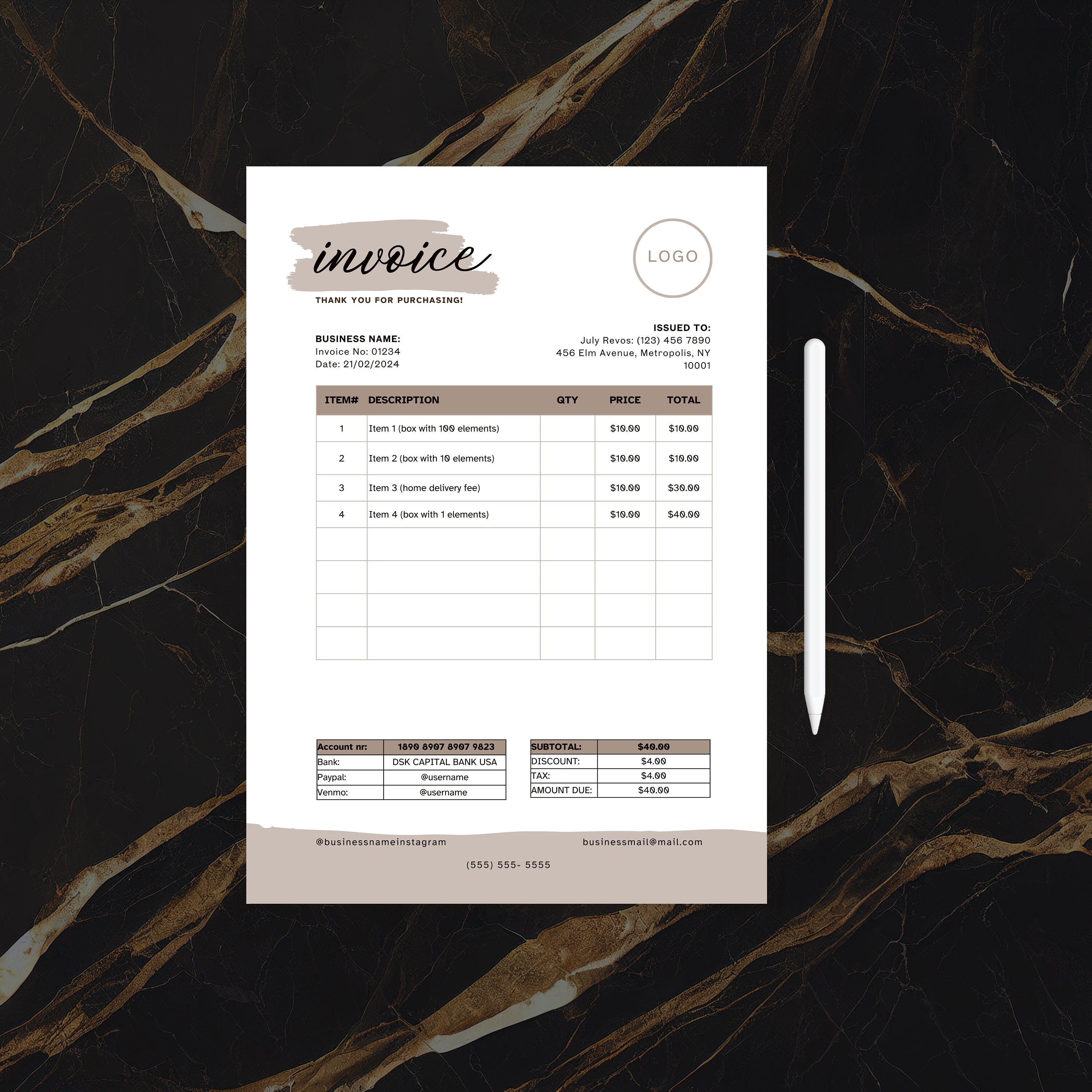 Minimal Invoice Editable Template For Small Business Minimal Digital ...