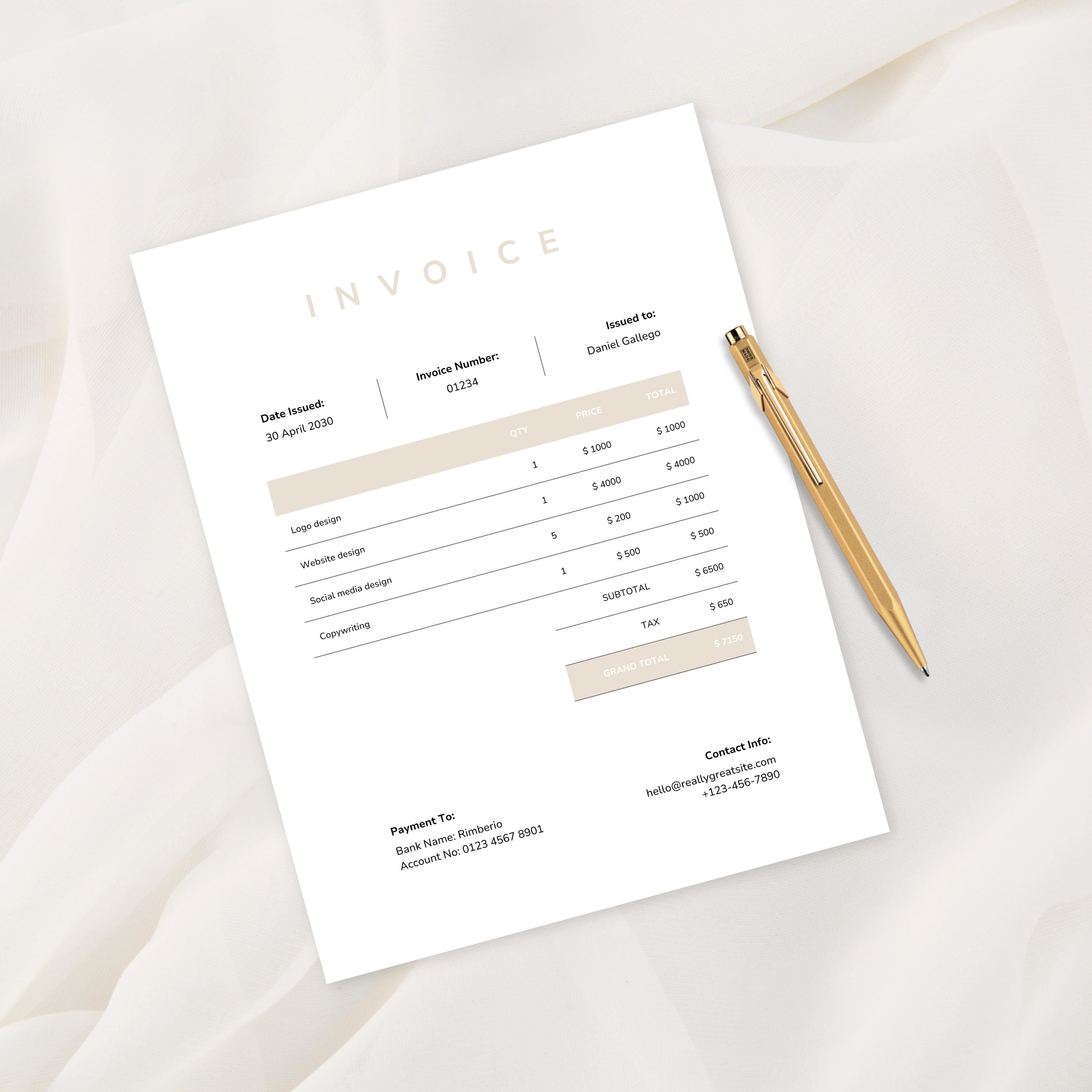 Invoice Template Minimal Printable for Small Business Editable Canva ...