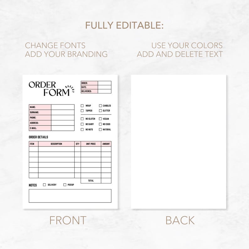 Editable Order Form Template for Small Businesses Custom Cake Ordering Form Printable Canva ...