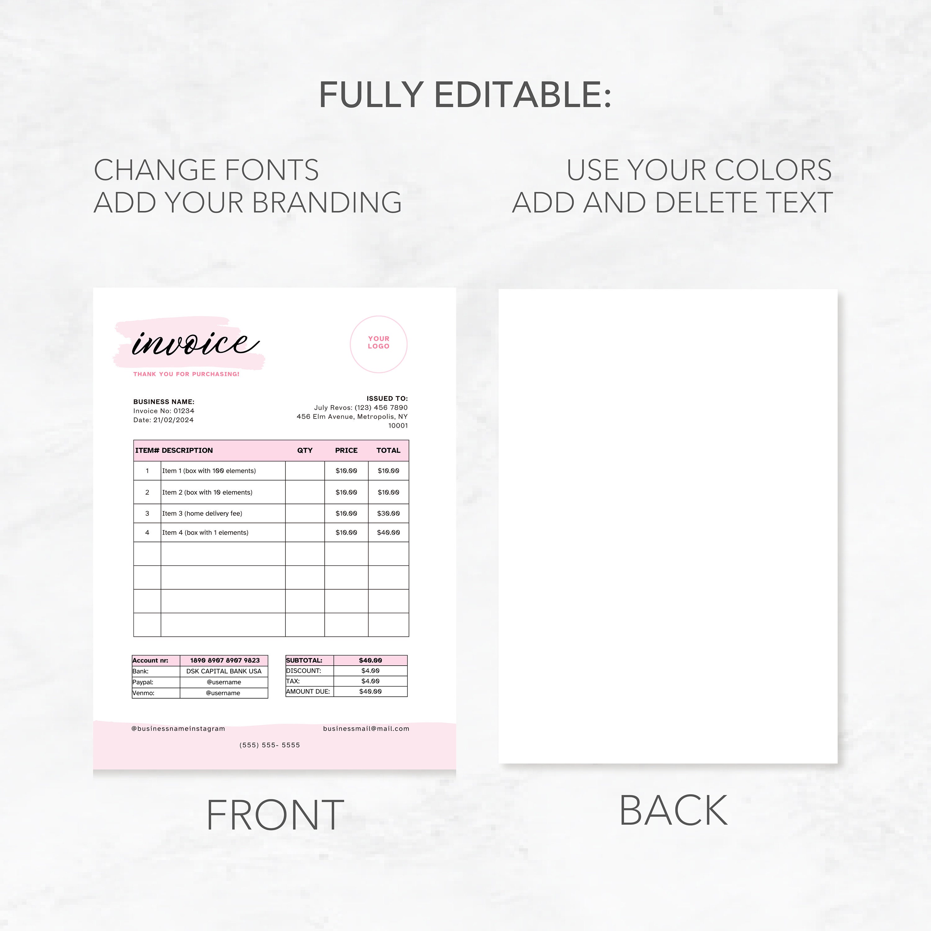 Invoice Template for Small Business Minimal Digital Download Client ...