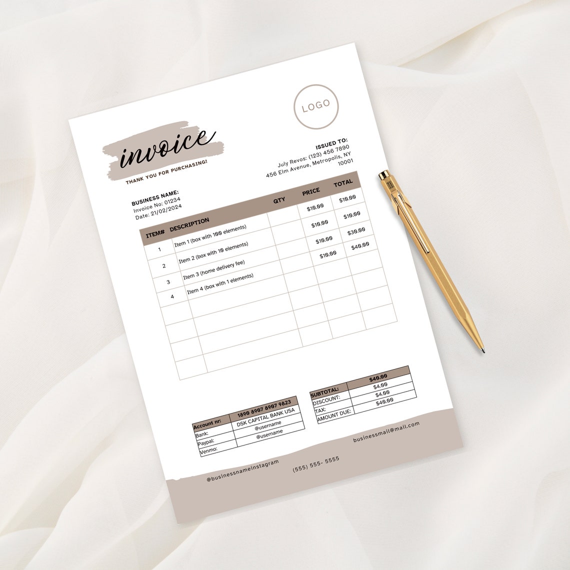 Minimal Invoice Editable Template For Small Business Minimal Digital ...