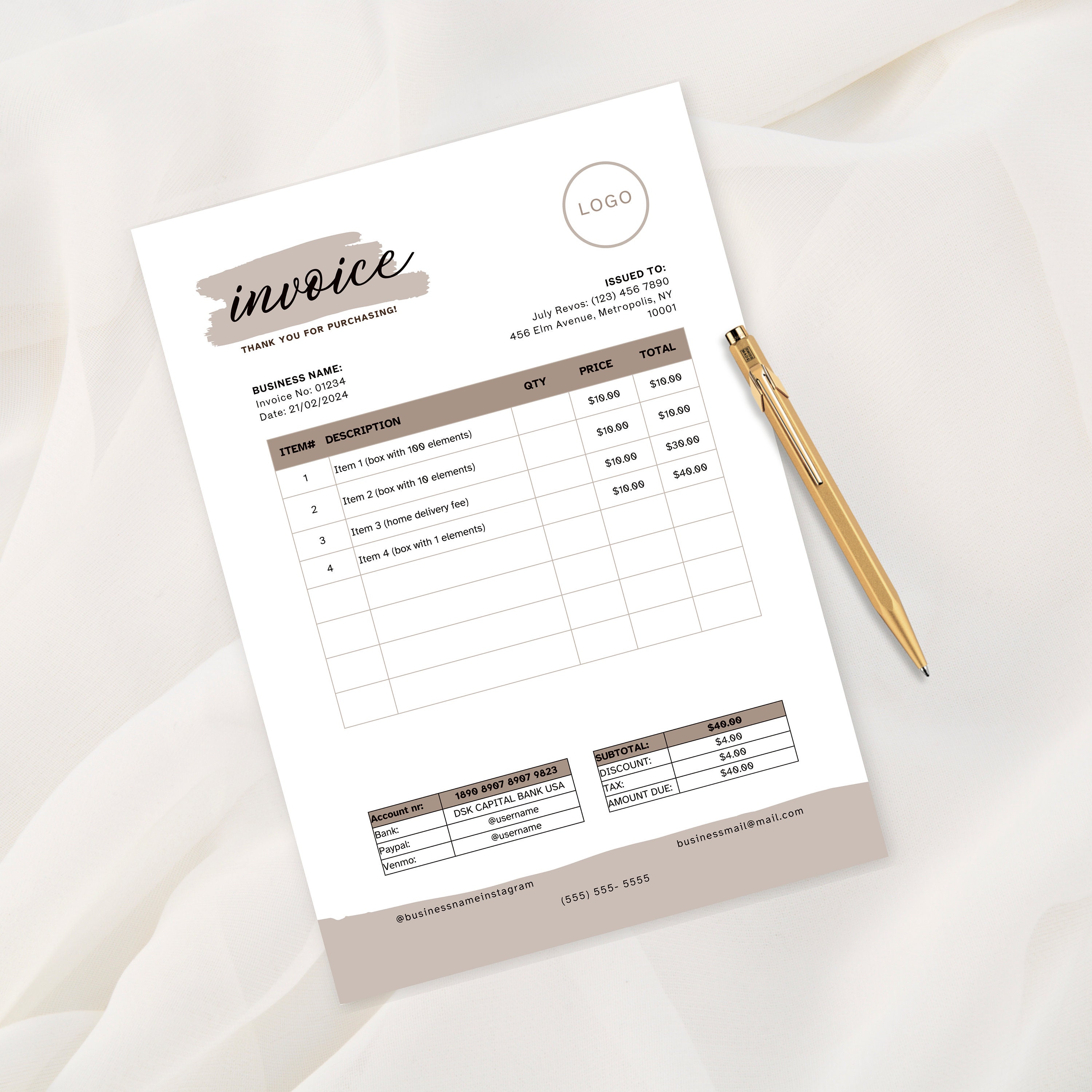 Minimal Invoice Editable Template for Small Business Minimal Digital ...