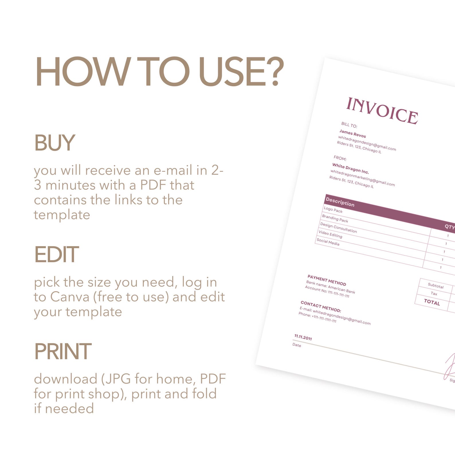 Invoice Template for Small Business Minimal Digital Download Client ...