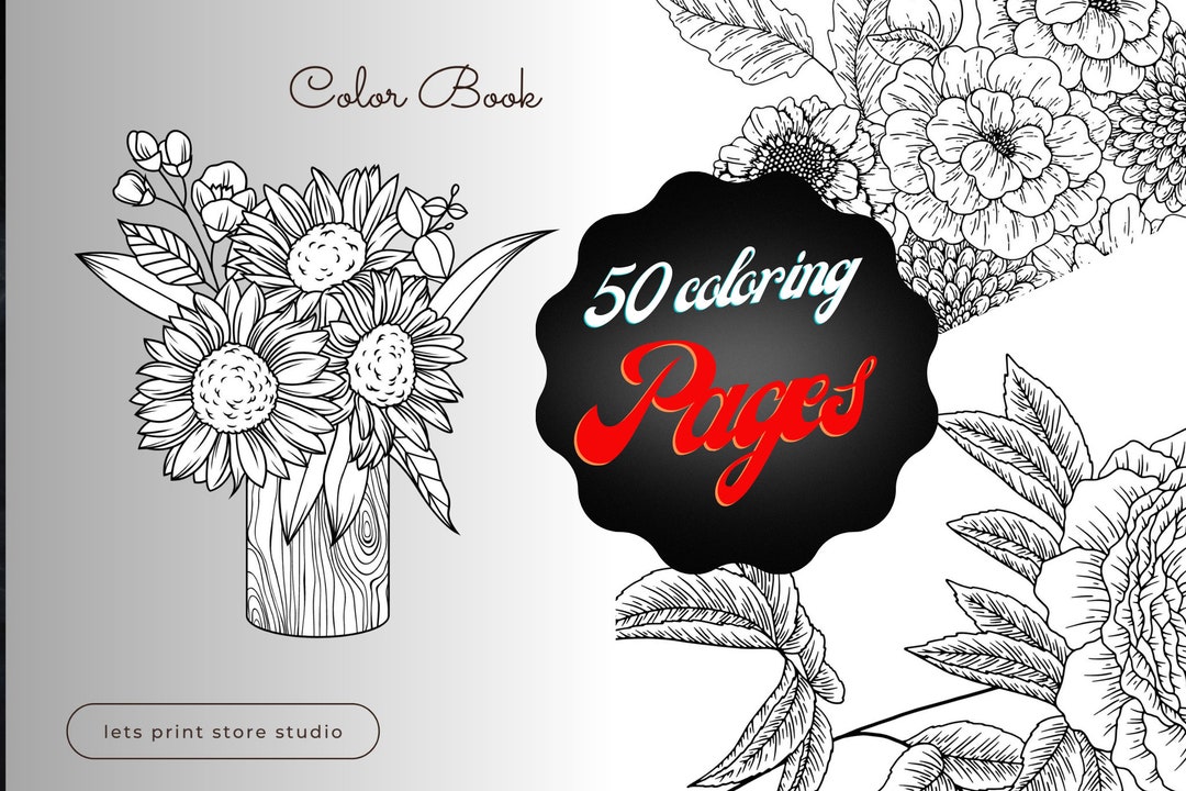 50 Coloring Pages of Flowers - Digital Printable Coloring Book - Etsy