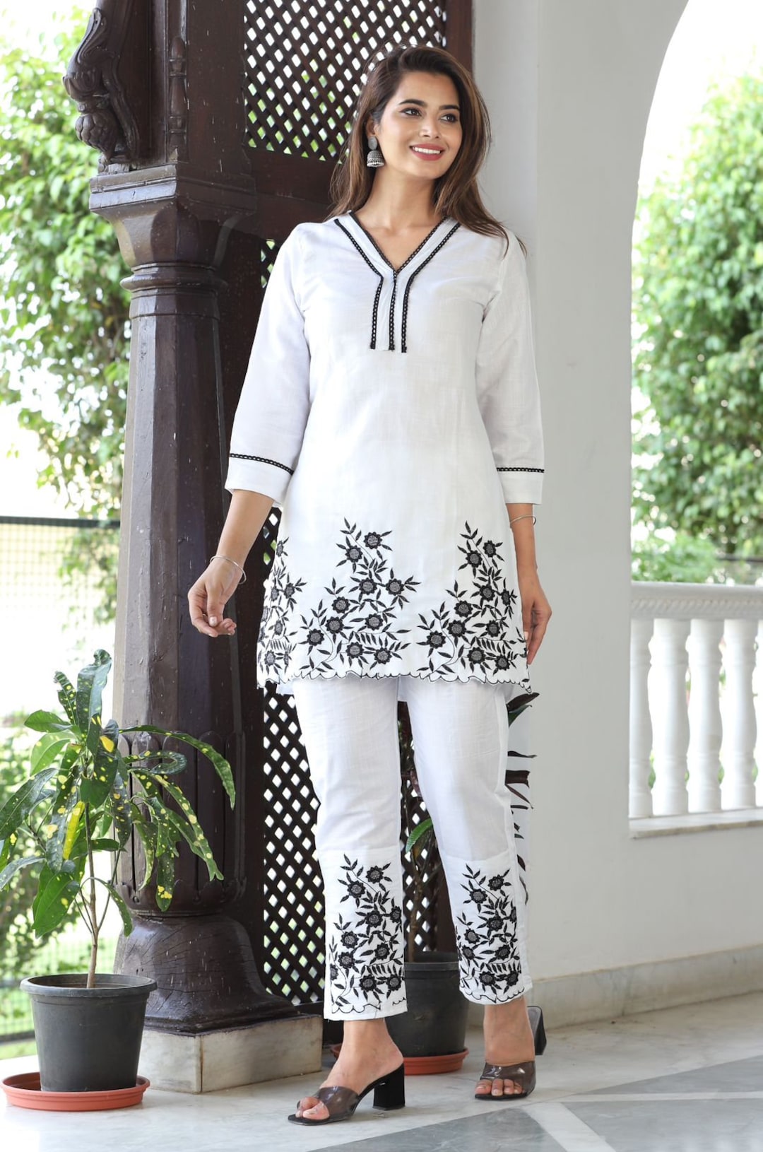 Beautiful Pure Cotton White Co Ord Set, Embroidered Work Kurti With Pant Set, Co-ord Dresses ...