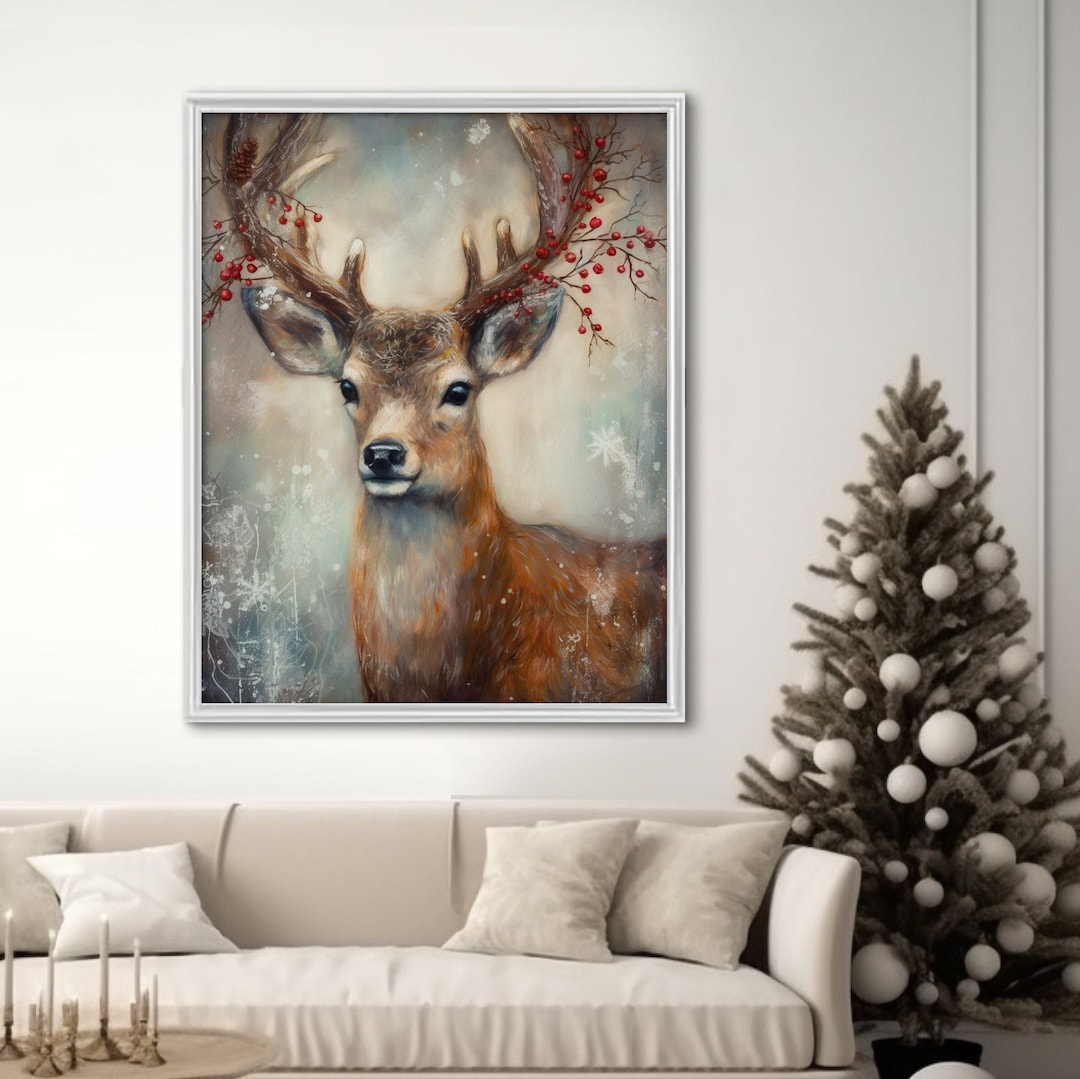 Weihnachten Rentier Vintage Print, verschneite Wälder Bauernhaus ...