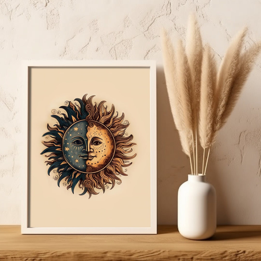 Sun and Moon Digital Art, Sun and Moon Wall Art Printable, Sun and Moon ...