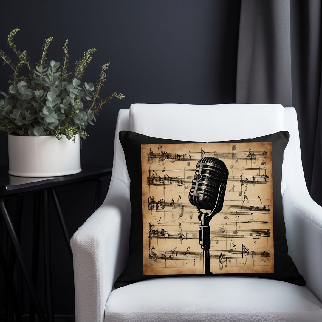 Vintage Microphone on Sheet Music Pillow Musician Gift Pillow Music ...