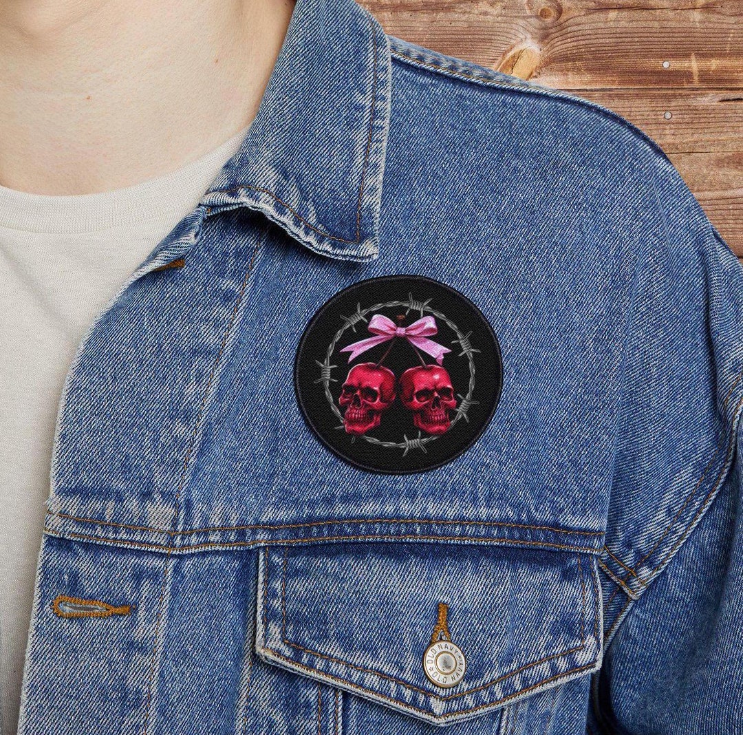 Skulls and Cherries Iron-on Patch Gothic Style Barbed Wire Design With Pink Bow Denim Jacket ...