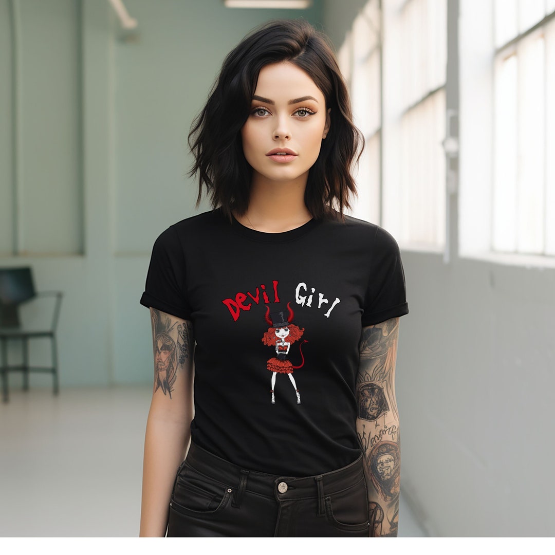 Devil Girl Shirt Cute Devil Horns Girl Shirt Red Dress Devil Girl T-shirt Costume Party Devilish ...