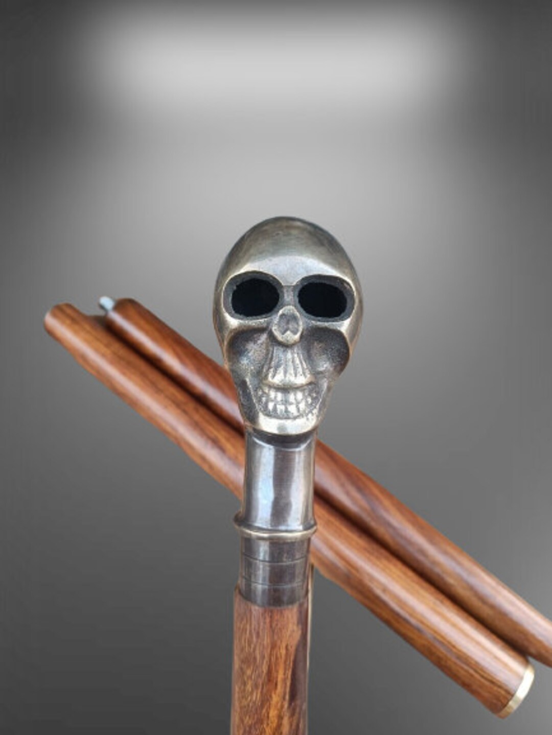 Handmade Wooden Brown Walking Stick Brass Antique Skull Head Handle for ...