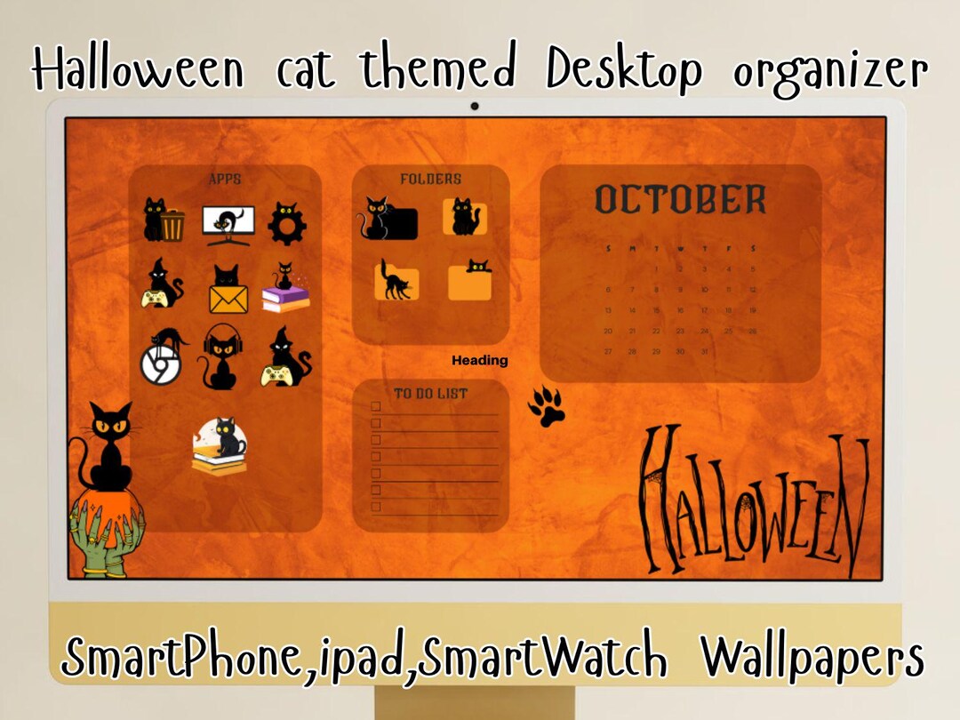 Halloween Cat Themed Desktop Wallpaper Organizer and Custom Icons, I ...