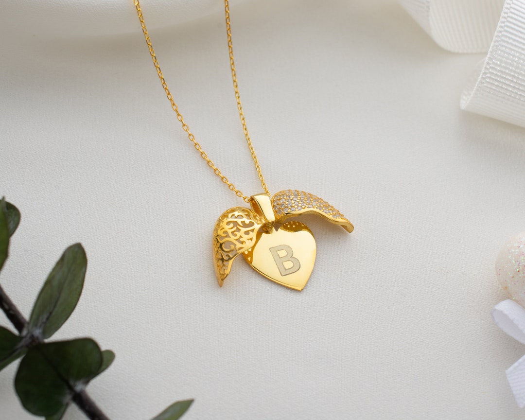 Angel Wings Heart Necklace, Guardian Angel Opening Wings, Name Necklace ...