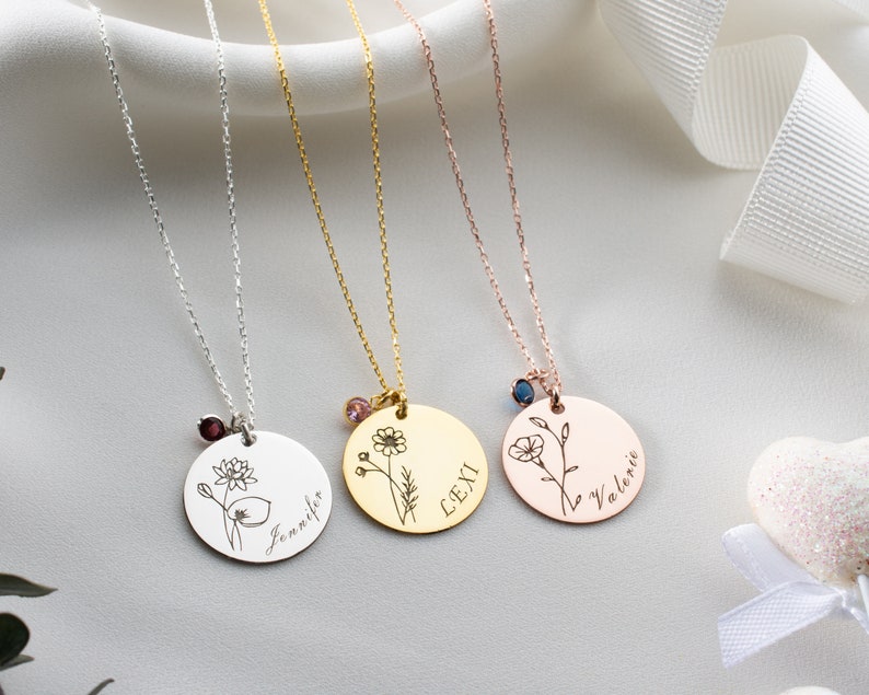 Personalized Birth Flower Necklace, Birthstone Name Necklace, Family ...