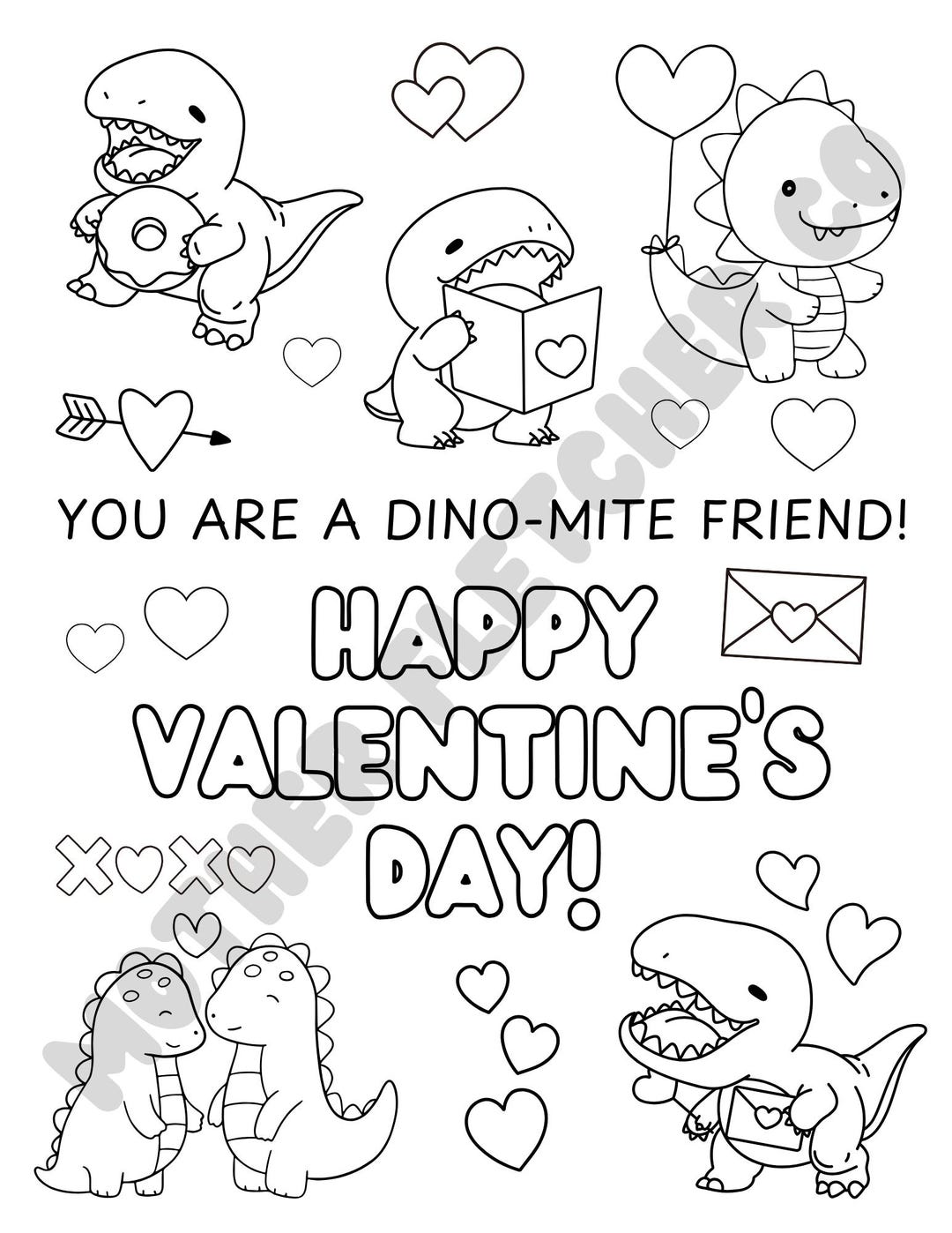 Valentine Coloring Sheet - Dinosaur Theme - Etsy