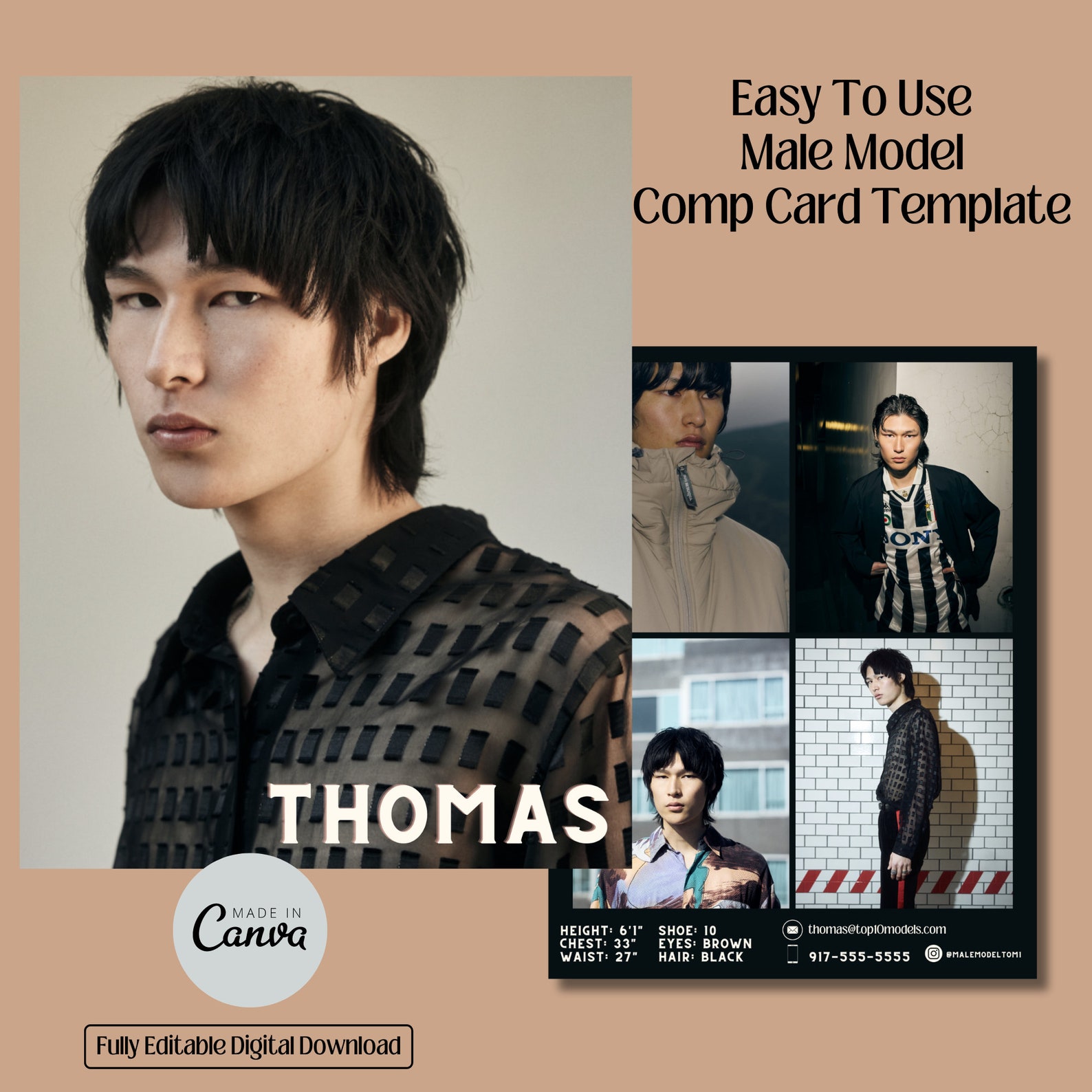 Male Model Comp Card Digital Template, Modeling Resume, Headshot, Canva ...