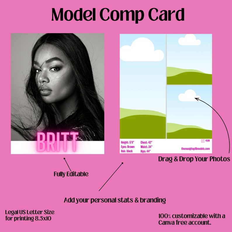 Model Comp Card Digital Template, Modeling Resume, Headshot, Canva ...