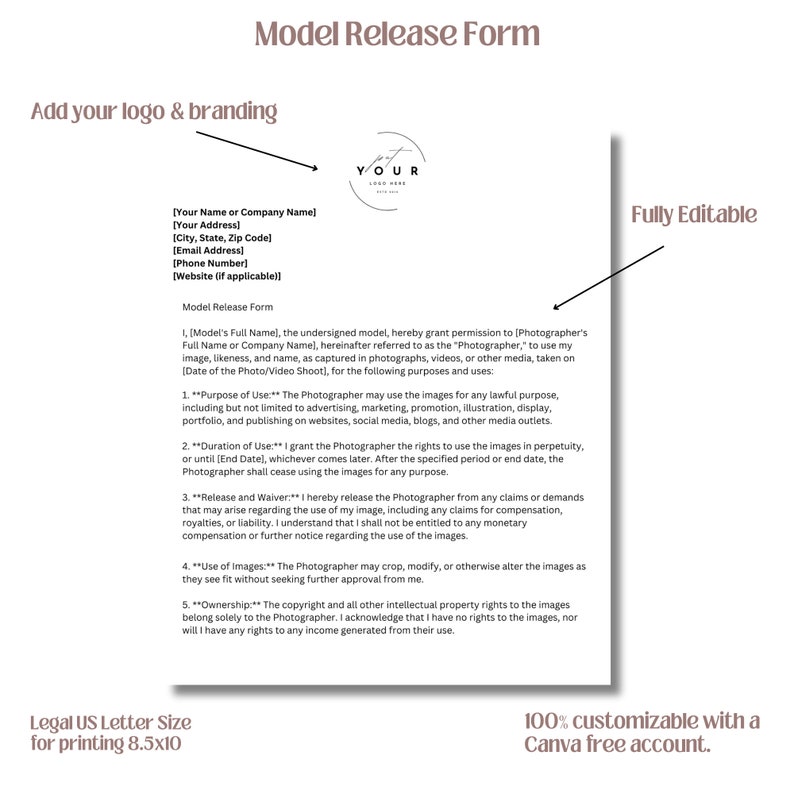 Business Photographer's Model Release Contract Template - Etsy