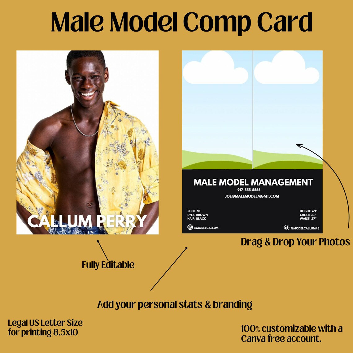 Male Model Comp Card Digital Template, Modeling Resume, Headshot, Canva ...