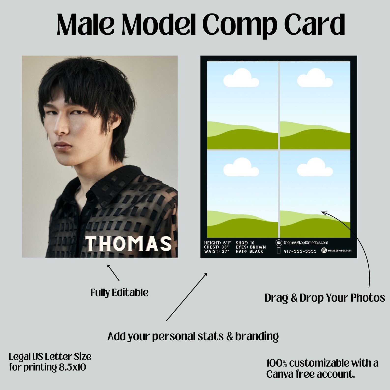 Male Model Comp Card Digital Template, Modeling Resume, Headshot, Canva ...