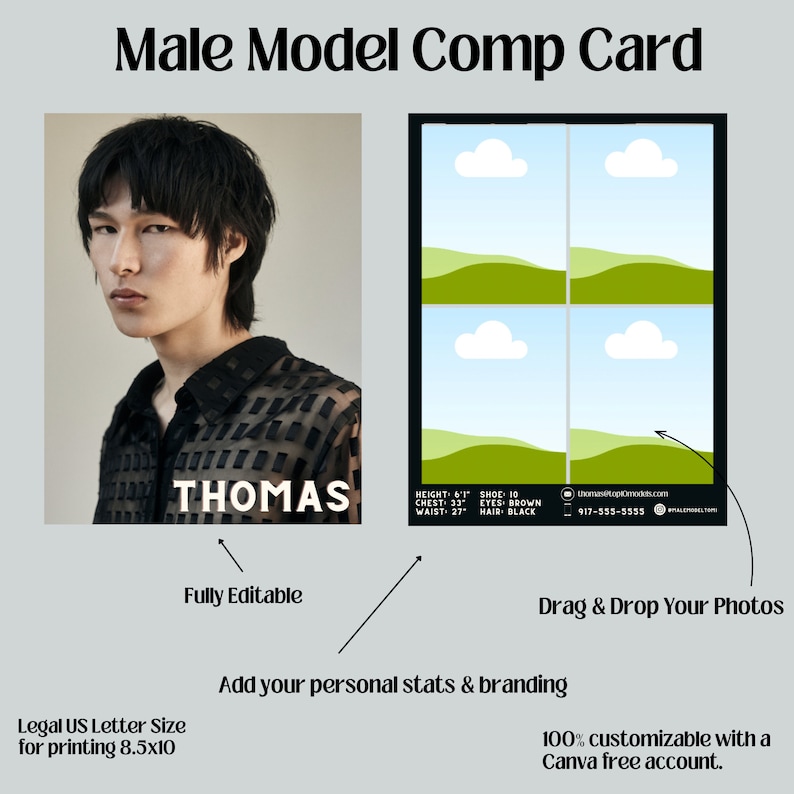 Male Model Comp Card Digital Template, Modeling Resume, Headshot, Canva ...