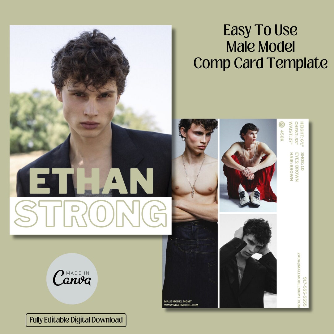 Male Model Comp Card Digital Template, Modeling Resume, Headshot, Canva ...