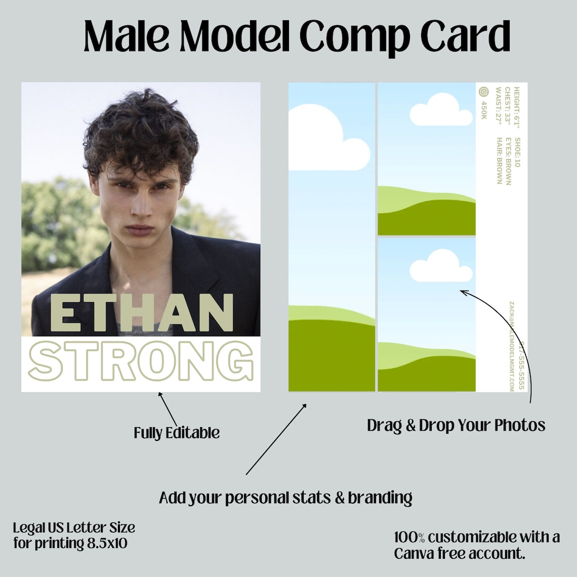 Male Model Comp Card Digital Template, Modeling Resume, Headshot, Canva ...