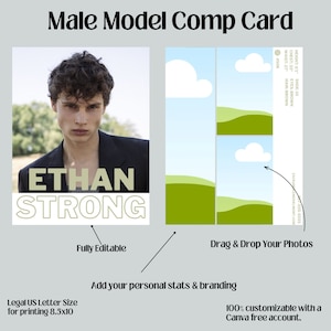 Male Model Comp Card Digital Template, Modeling Resume, Headshot, Canva ...