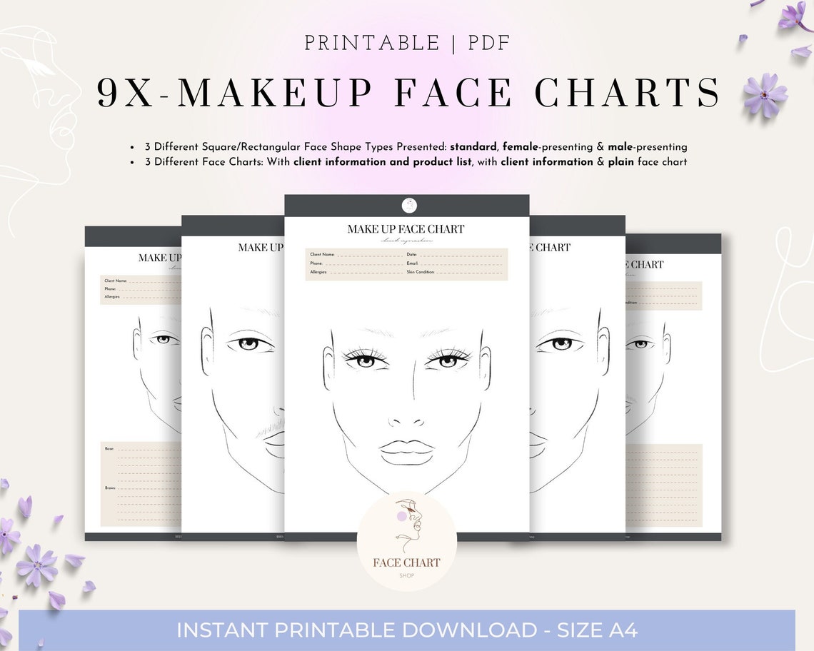 Makeup Artist Face Chart, Printable Makeup Chart, Makeup Consultation ...