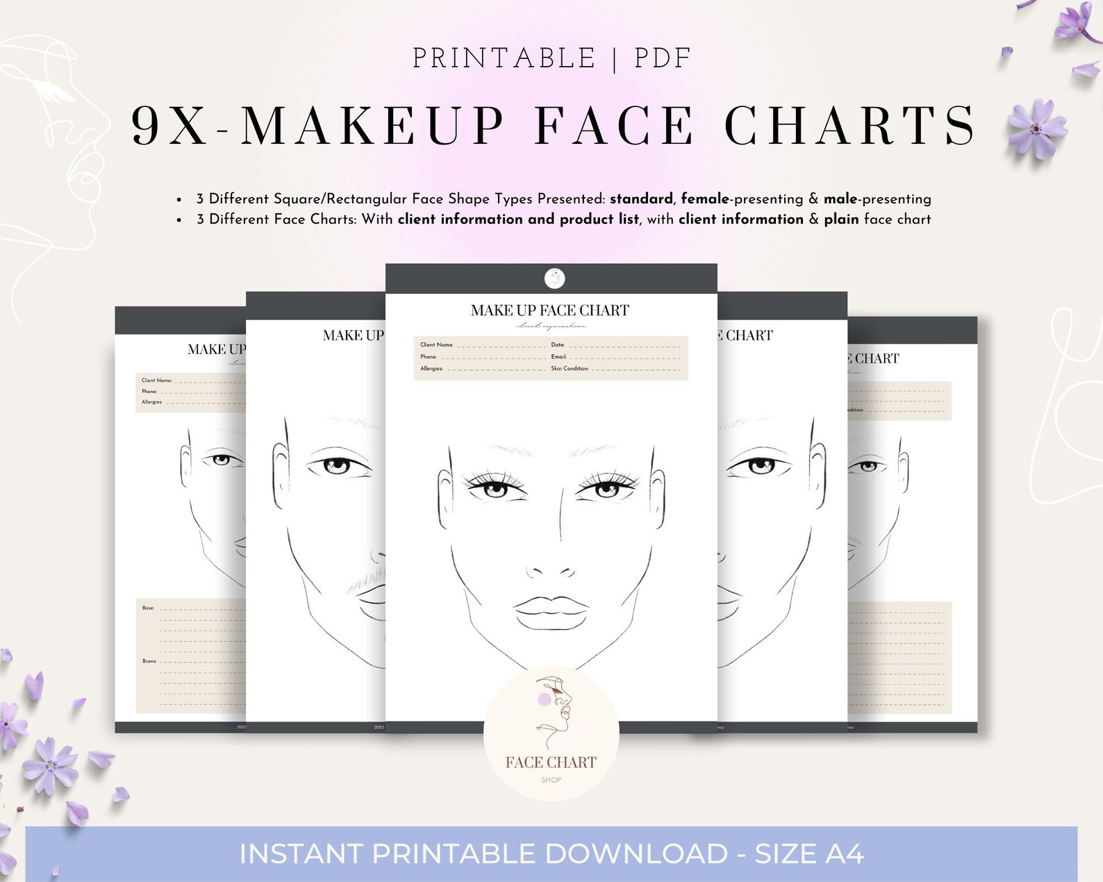 Makeup Artist Face Chart, Printable Makeup Chart, Makeup Consultation ...