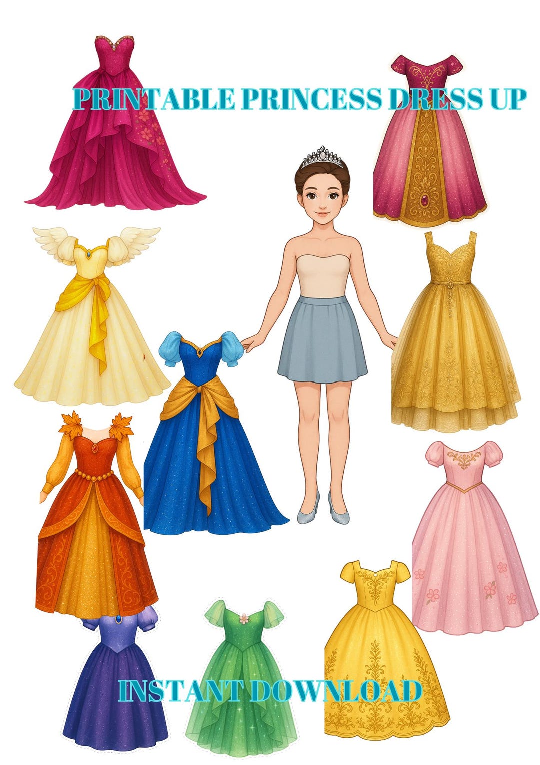 Princess Dress up Paper Doll: Printable DIY Activity - 14 Dress ...