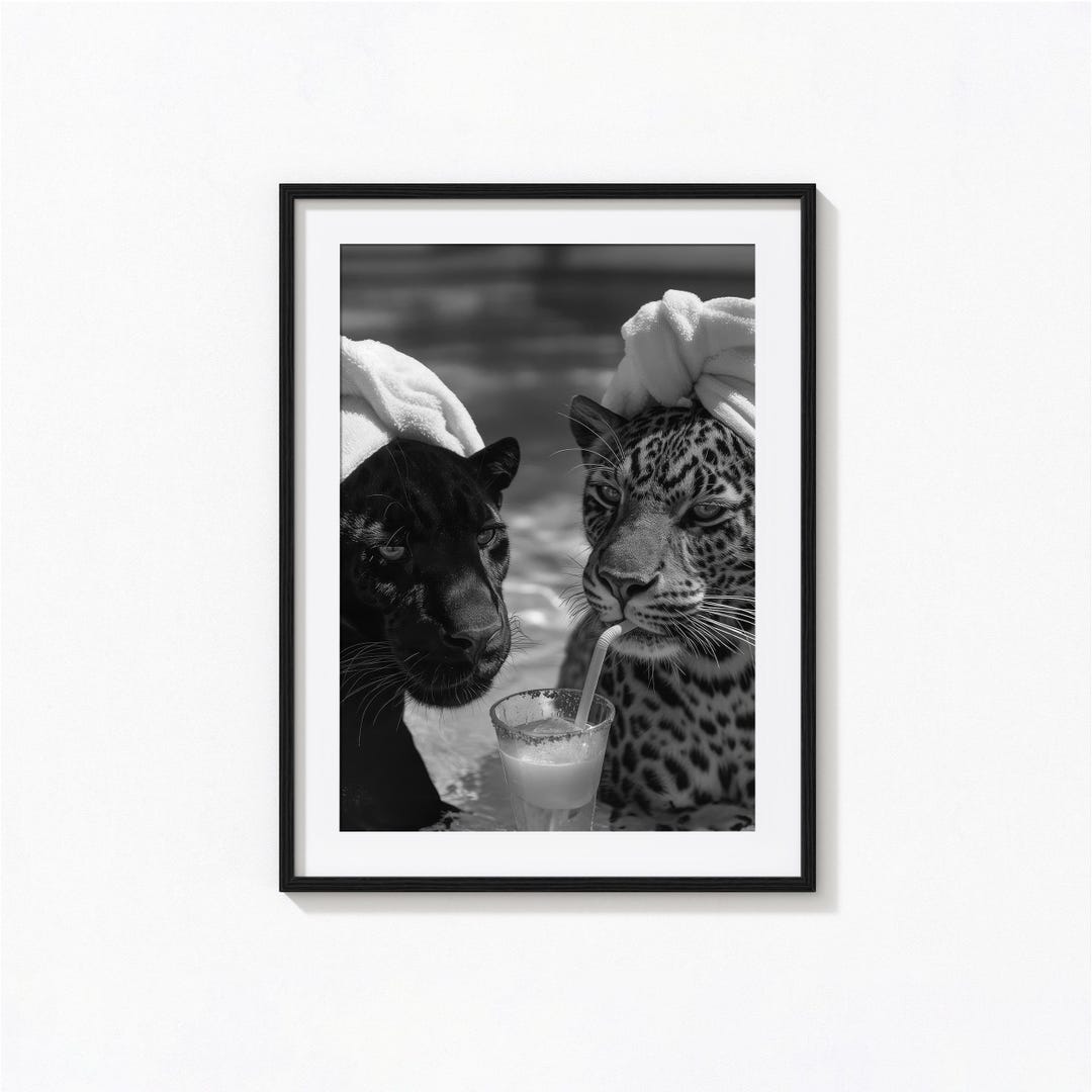 Cheetah and Jaguar Drinking Cocktail Print, Bar Cart Art, Black and ...