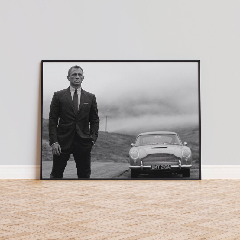 Daniel Craig Print, 007 James Bond Car, Black and White Wall Art ...
