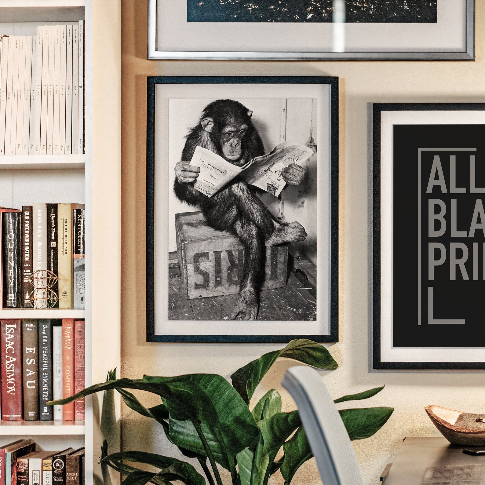 Chimpanzee Reading Newspaper Print, Funny Black and White Wall Art ...
