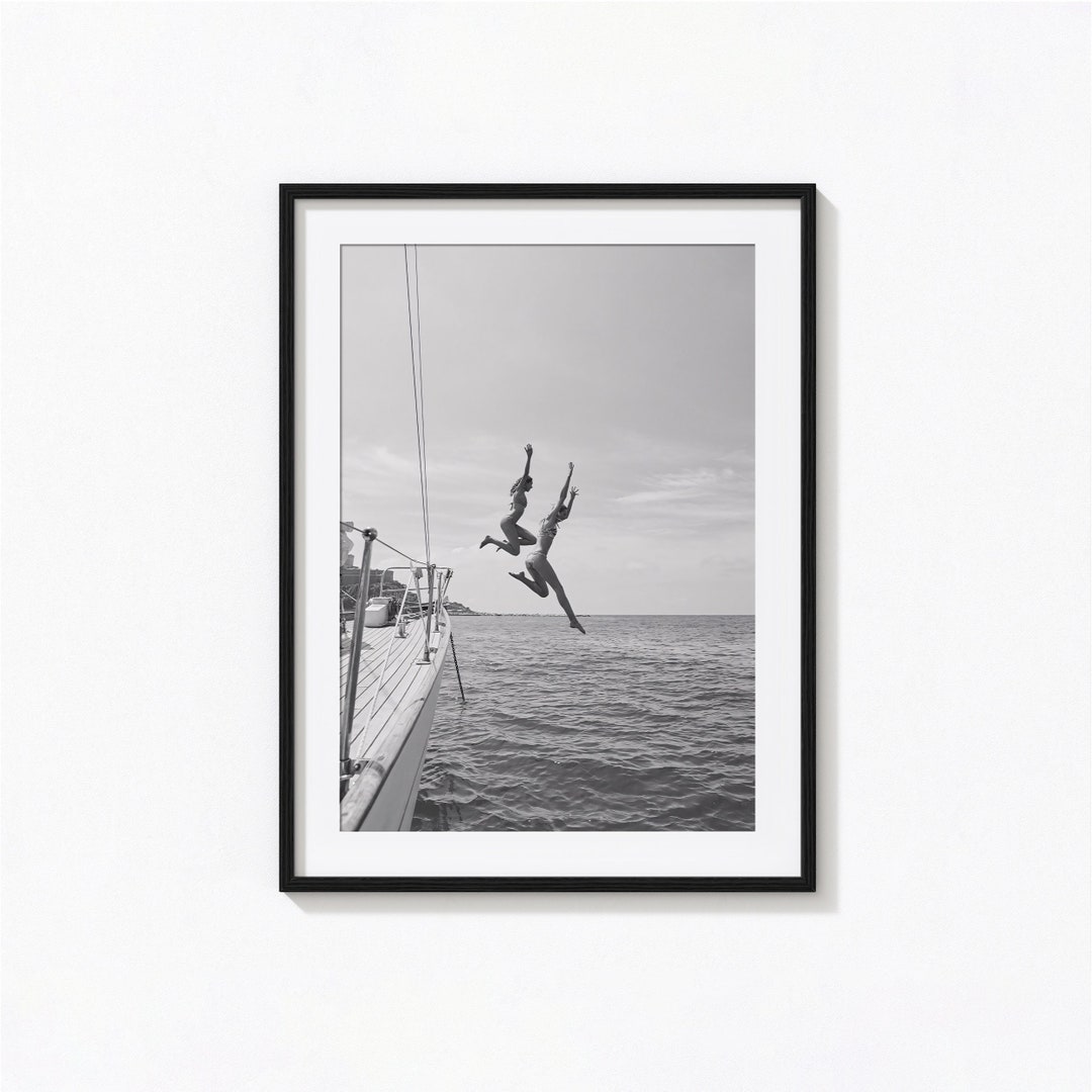 Ocean Jump Sail Boat Yacht Print, Summer Black and White Wall Art ...