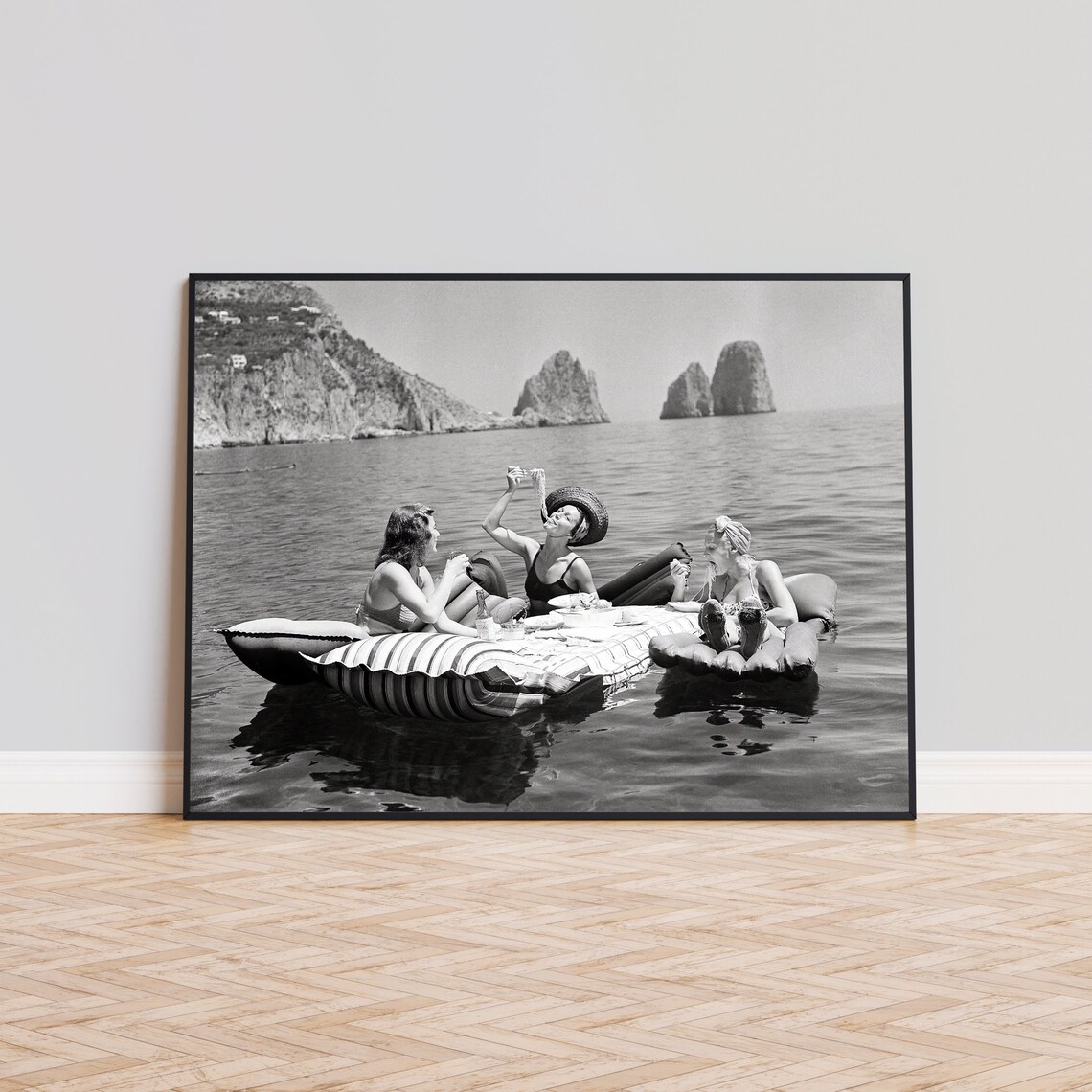 Floating Luncheon, Three Young Women Eat Spaghetti on Inflatable ...