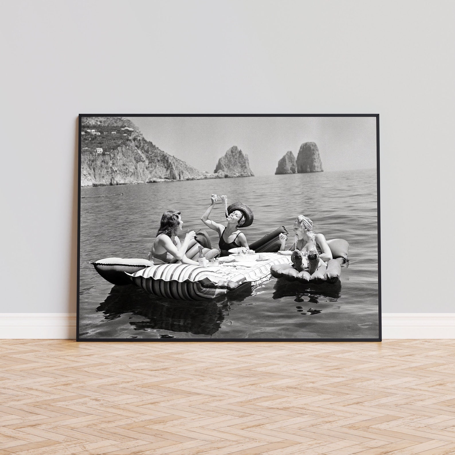 Floating Luncheon, Three Young Women Eat Spaghetti on Inflatable ...