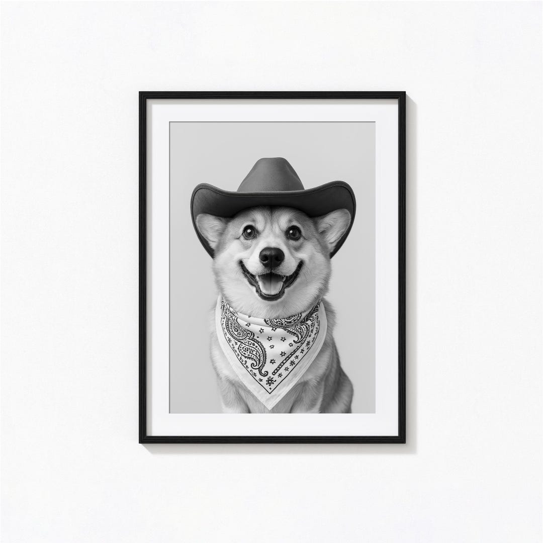 Corgi Dog Cowboy Print, Western Wall Art, Black and White Wall Art ...