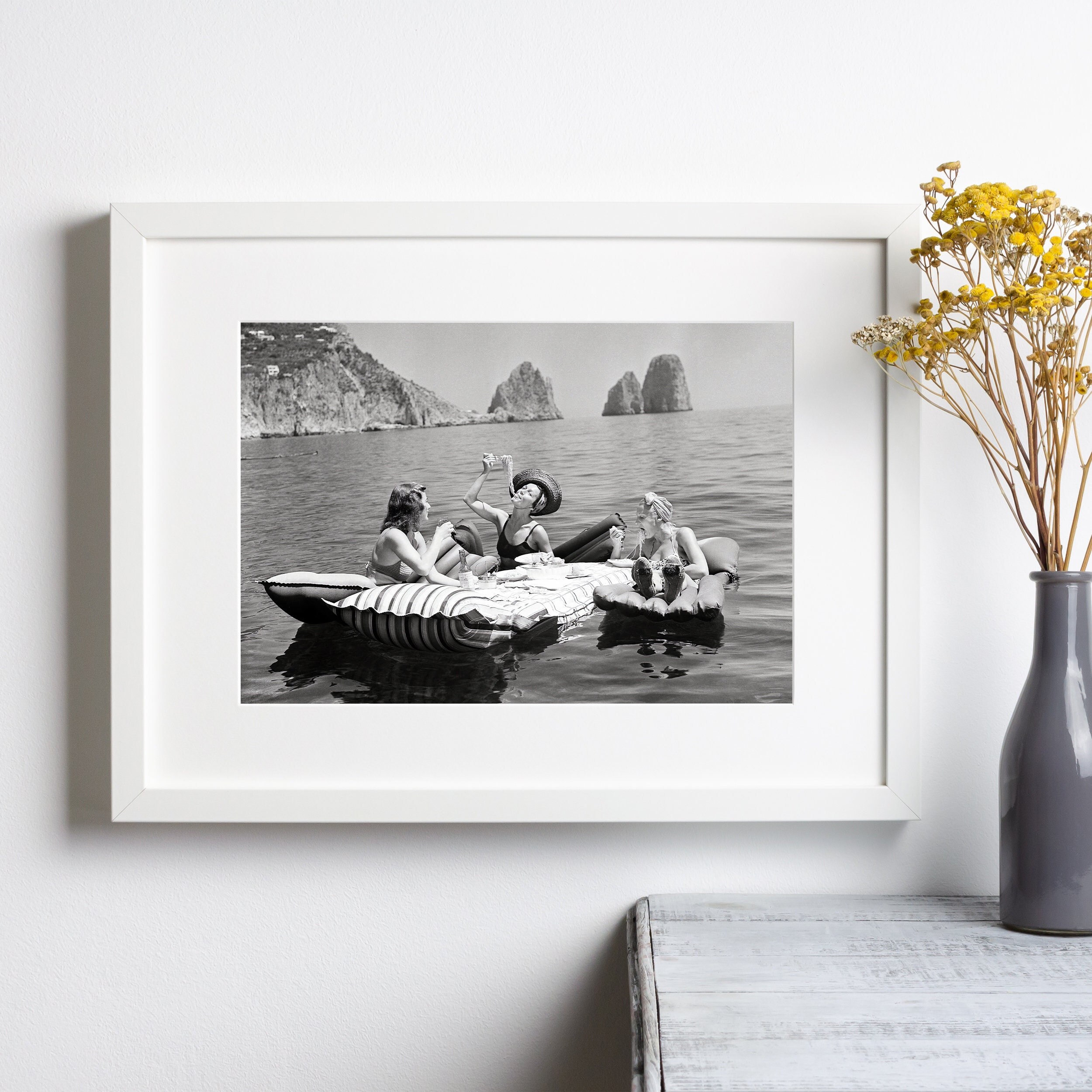 Floating Luncheon, Three Young Women Eat Spaghetti on Inflatable ...