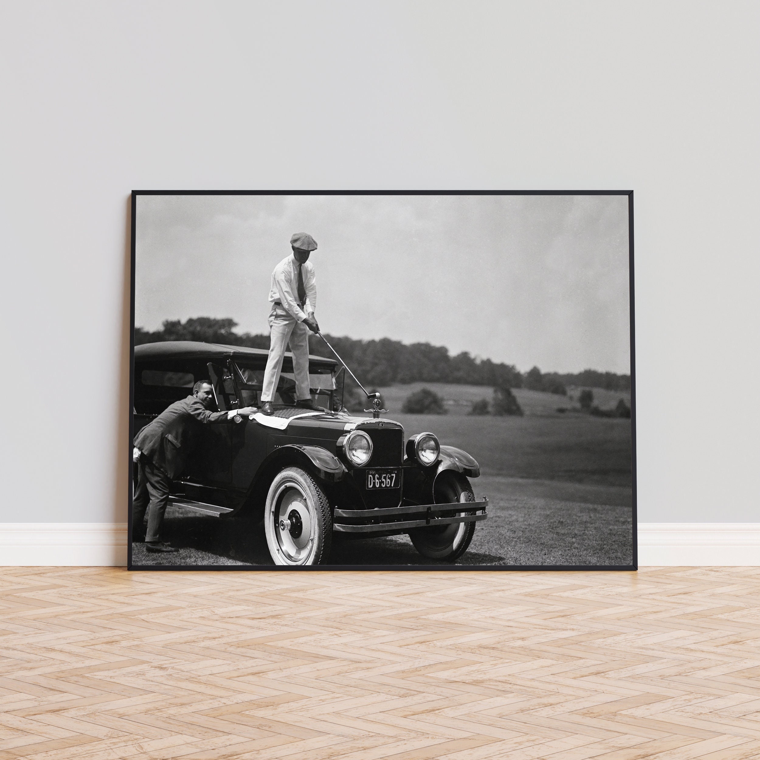 Vintage Golf Print, Golfer Standing on Antique Car, Black and White ...