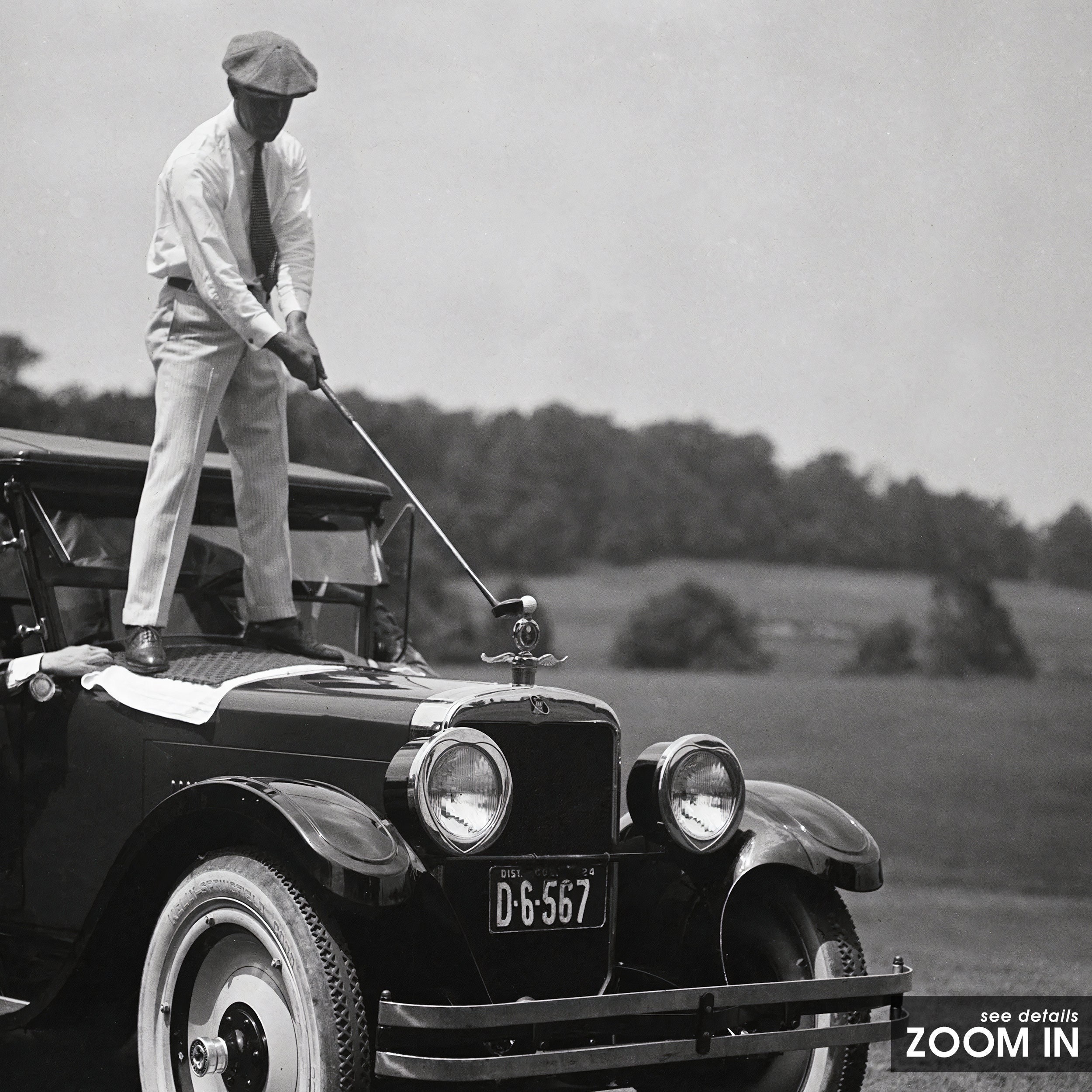 Vintage Golf Print, Golfer Standing on Antique Car, Black and White ...