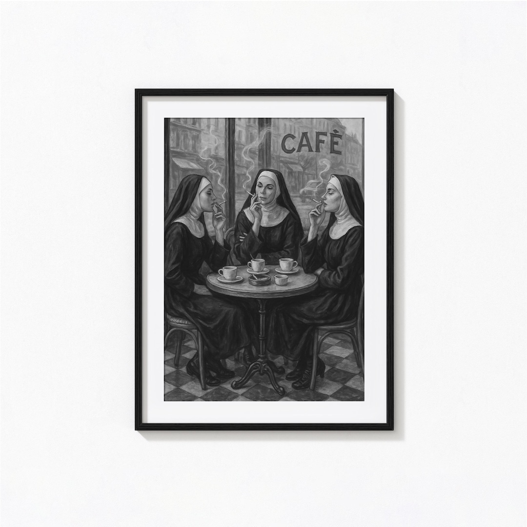 Nuns Smoking Cigarette Print, French Cafe, Black and White Wall Art ...