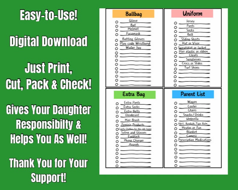 Softball Fastpitch Gameday Tournament Packing Checklist - Etsy