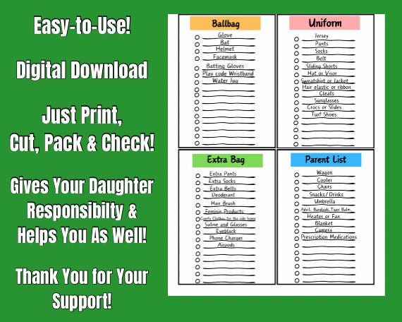 Softball Fastpitch Gameday Tournament Packing Checklist - Etsy