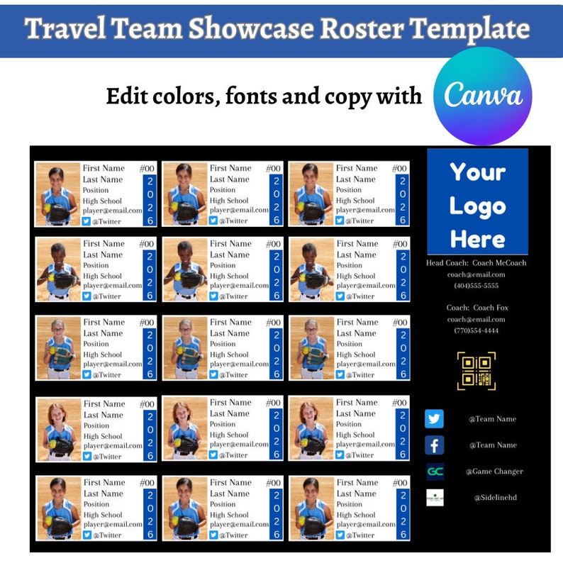 Travel Ball Roster Flyer Template for Showcase. Editable in Canva - Etsy